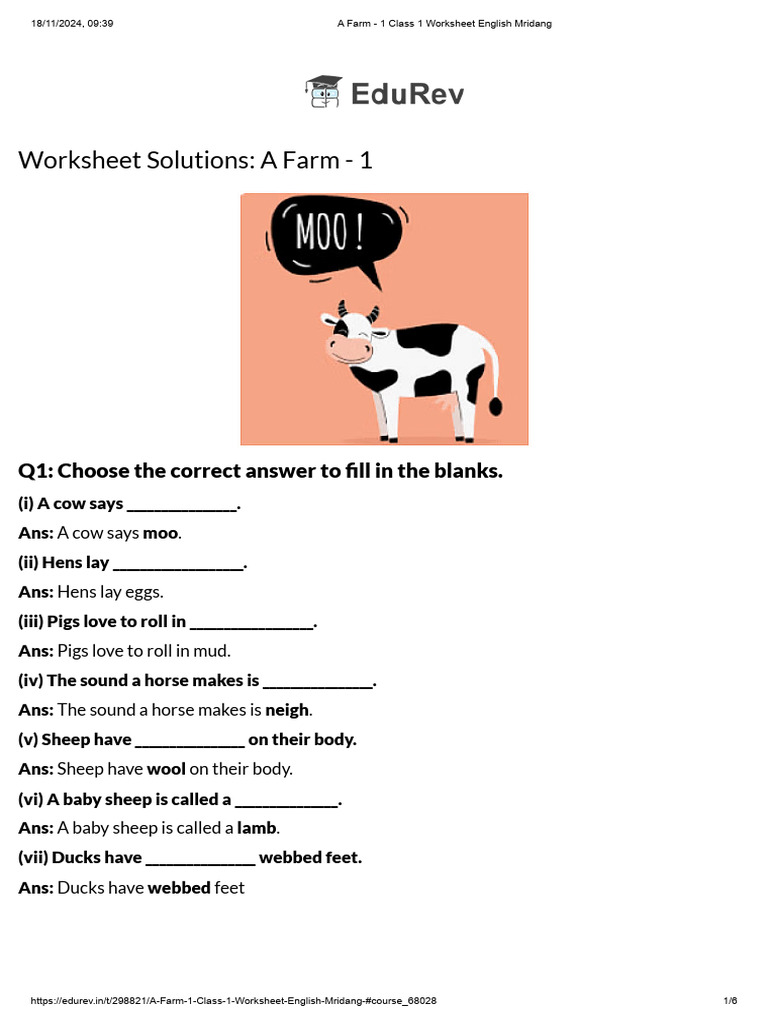 A Farm - 1 Class 1 Worksheet English ANS | PDF | Chicken | Sheep