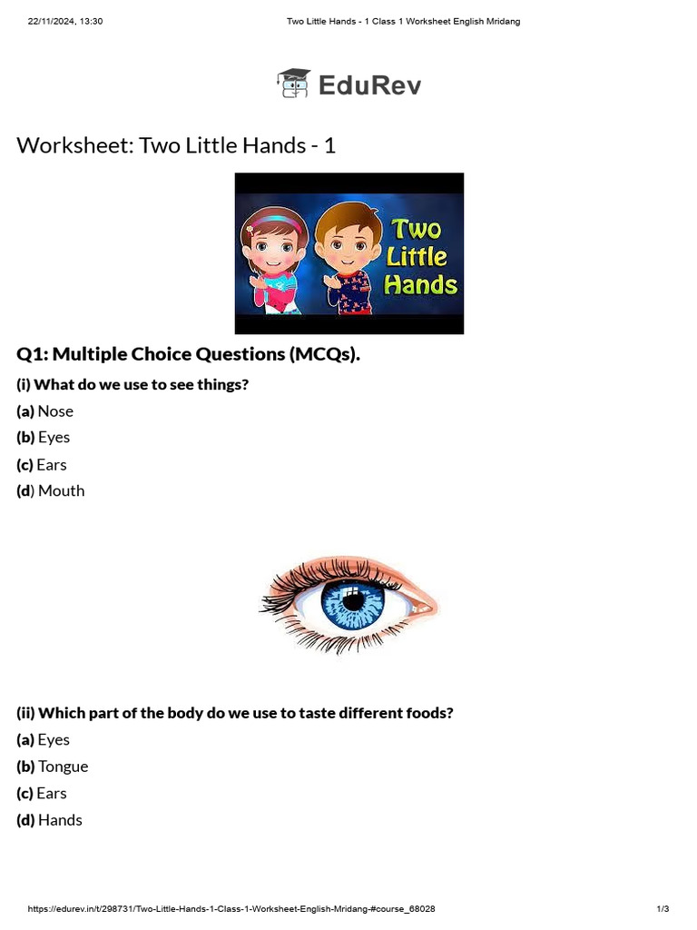 Two Little Hands Class 1 Worksheet | PDF