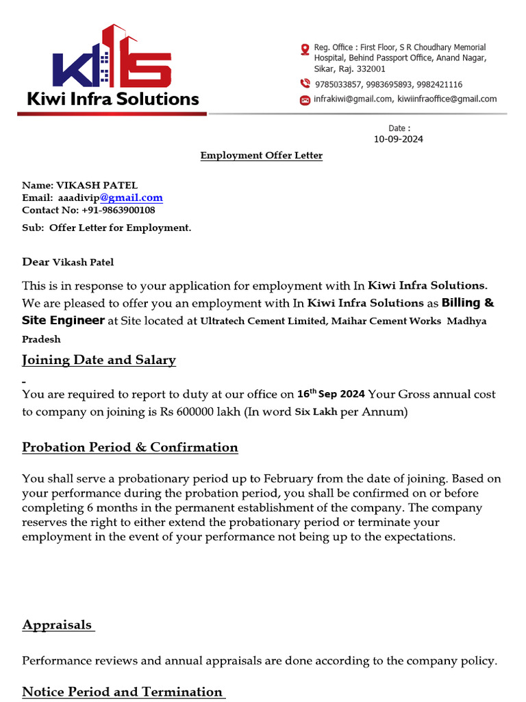 Kiwi Infra Solutions Employment Offer | PDF