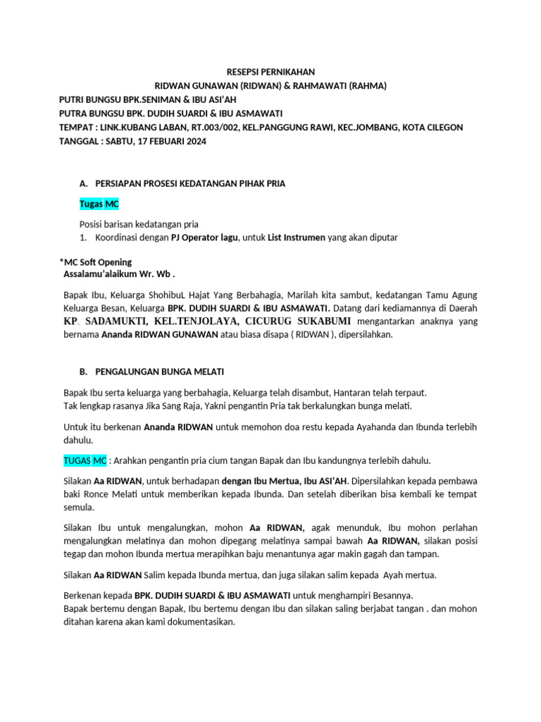 MC RESEPSI Pernikahan RIDWAN & RAHMA | PDF