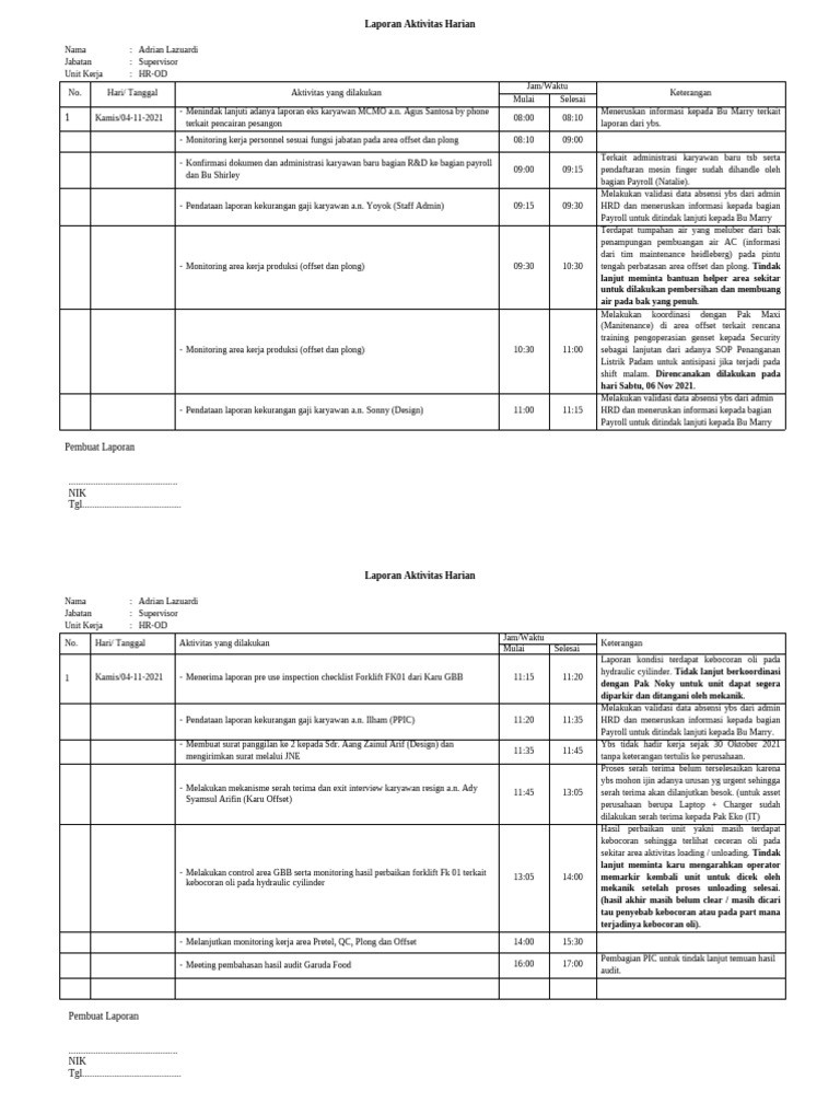 Laporan Aktivitas Harian | PDF