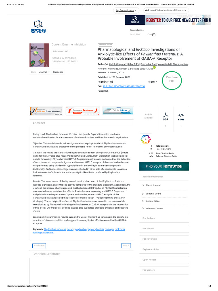 Pharmacological and Investigations of Anxiolytic-Like Effects Of: A Probable Involvement of GABA ...