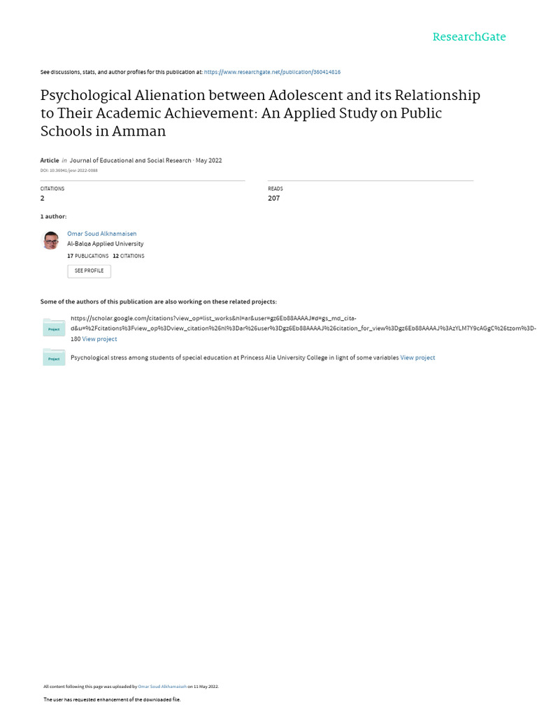 Psychological Alienation Between Adolescent and Its Relationship To ...