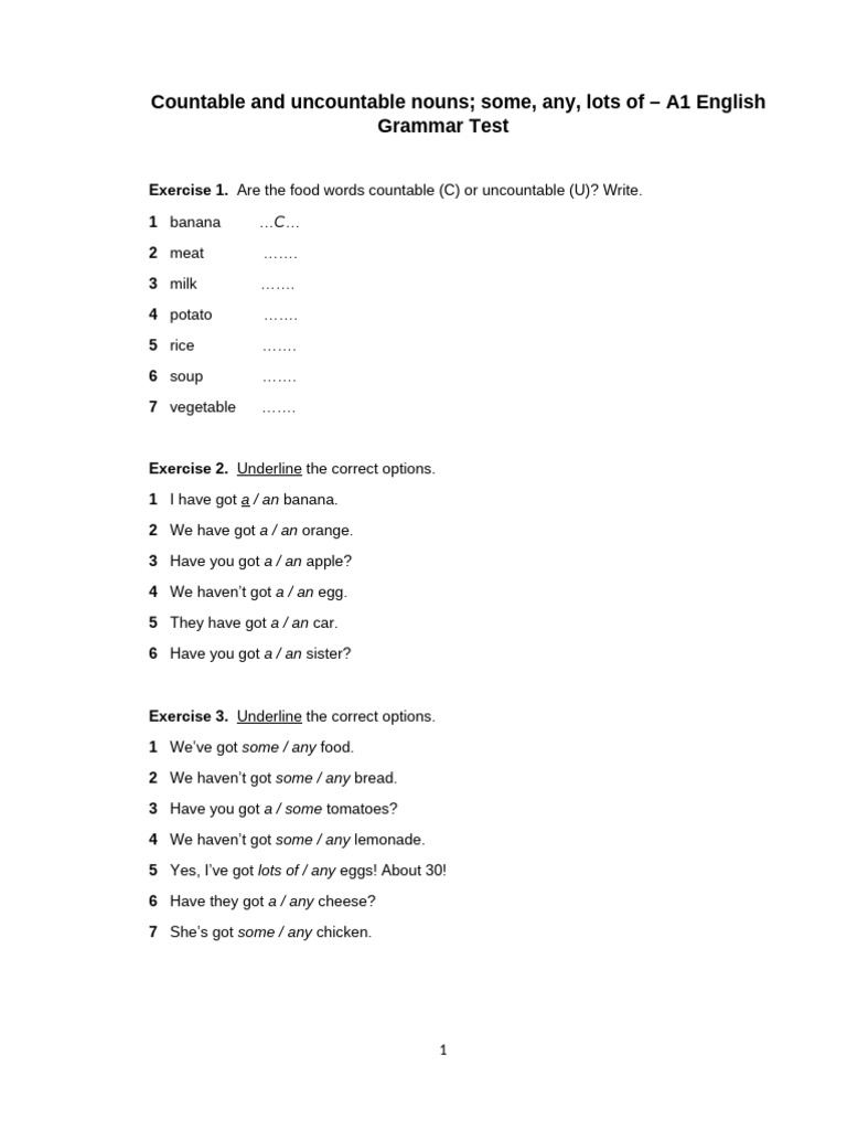 Countable and Uncountable Nouns Worksheet | PDF | Cooking, Food & Wine ...