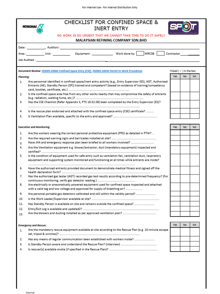 Confined Space & Inert Entry Checklist | PDF | Safety | Occupational ...