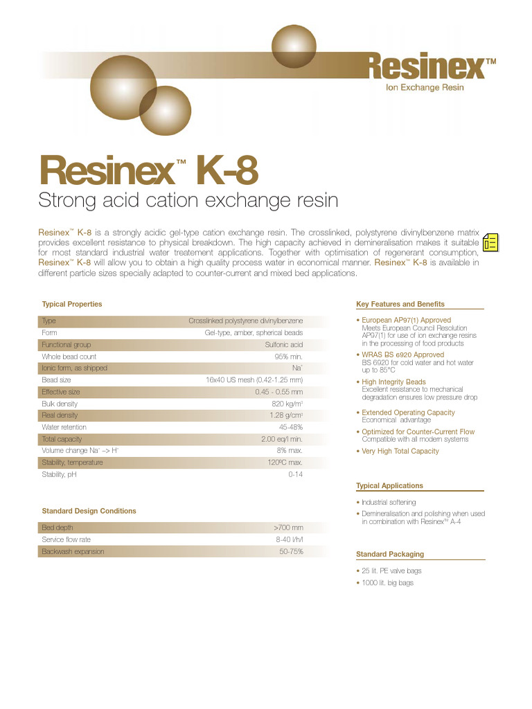 Resinex-K8-L NaCl Dan HCL Temp. Mak. 120 Kation | PDF | Ion Exchange ...