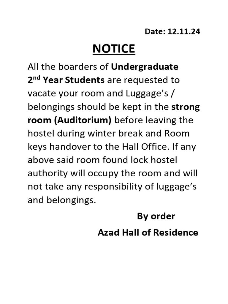 Winter Break Room Vacate Notice | PDF