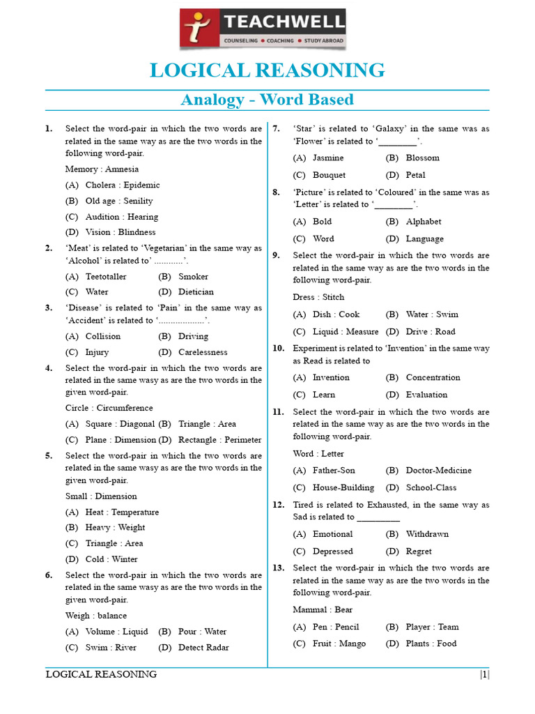 Word Pair Analogy Exercises | PDF | Area