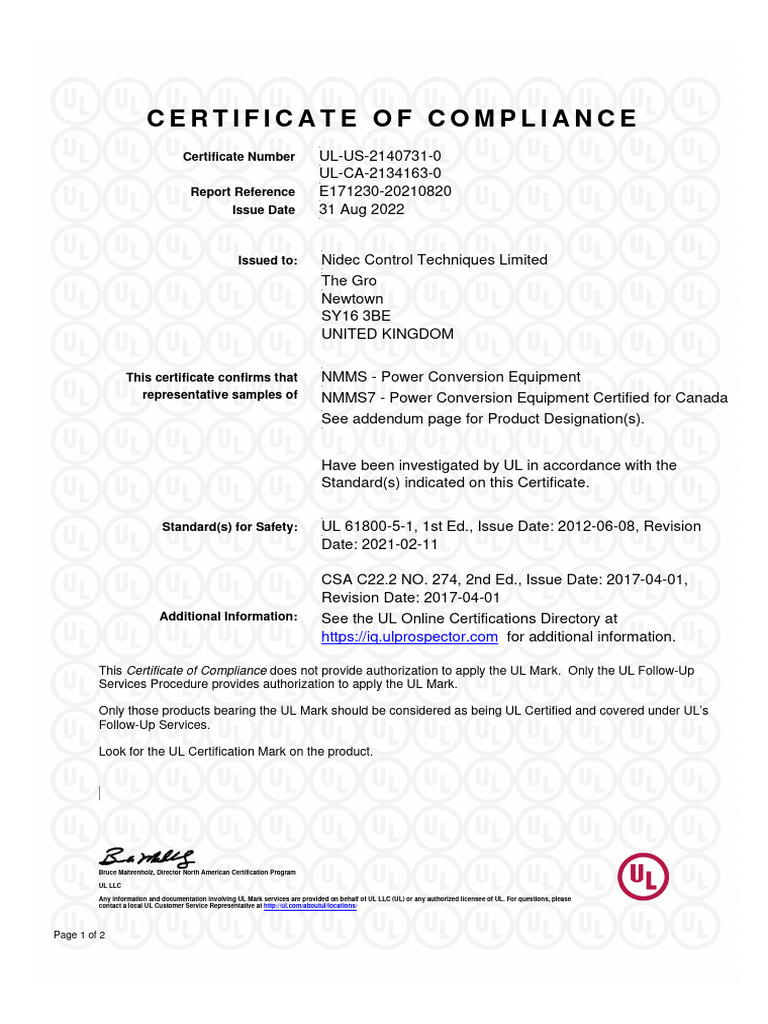 Commander - S100 - UL Certificate - of - Compliance | PDF