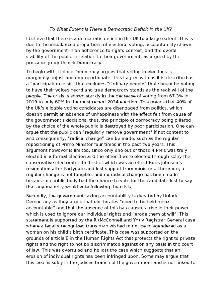 To What Extent Is There A Democratic Deficit in The UK | PDF | Cost Of ...