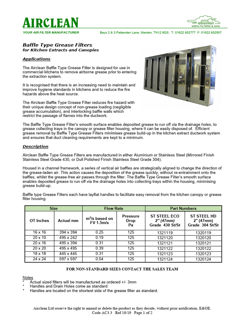 Ac3.3 - Baffle Type Grease Filters | PDF | Duct (Flow) | Equipment