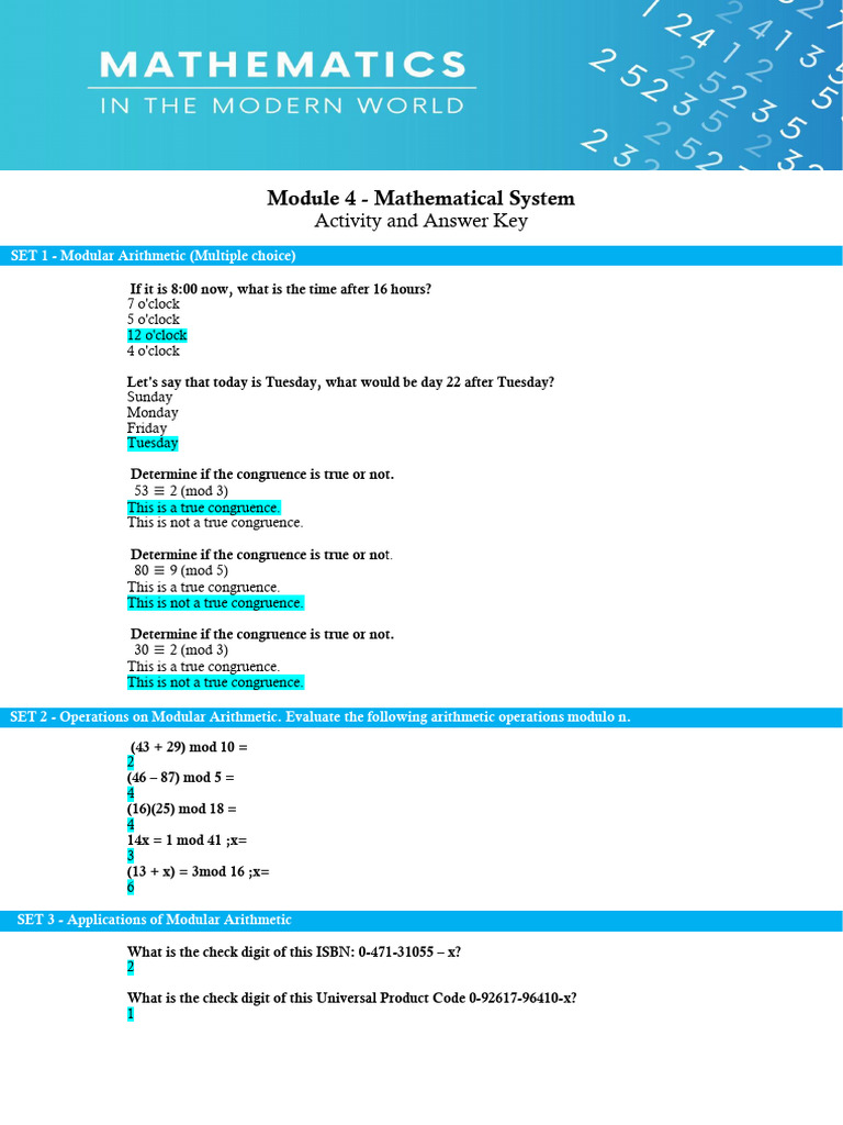 MMW Module 4 Answer-Key-And-Questions | PDF | Group Theory | Number Theory