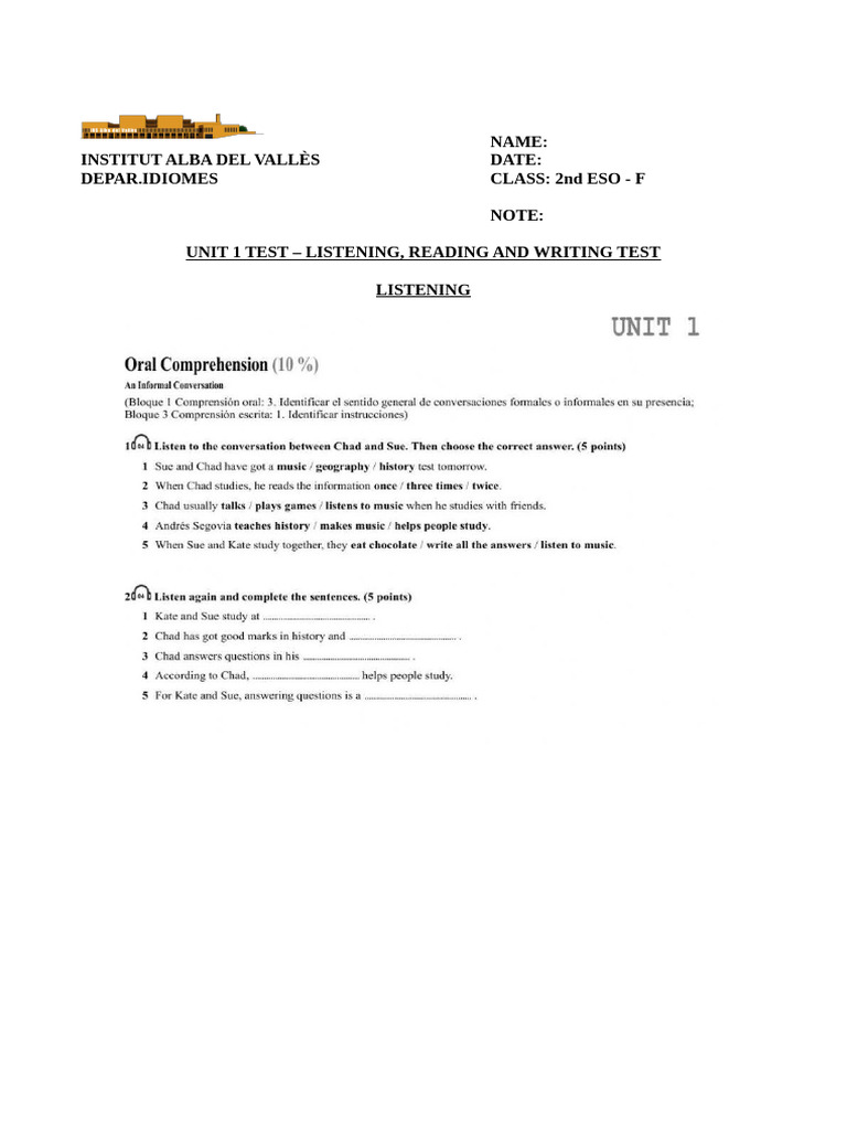 Unit 1 Test: Twins Listening & Reading | PDF