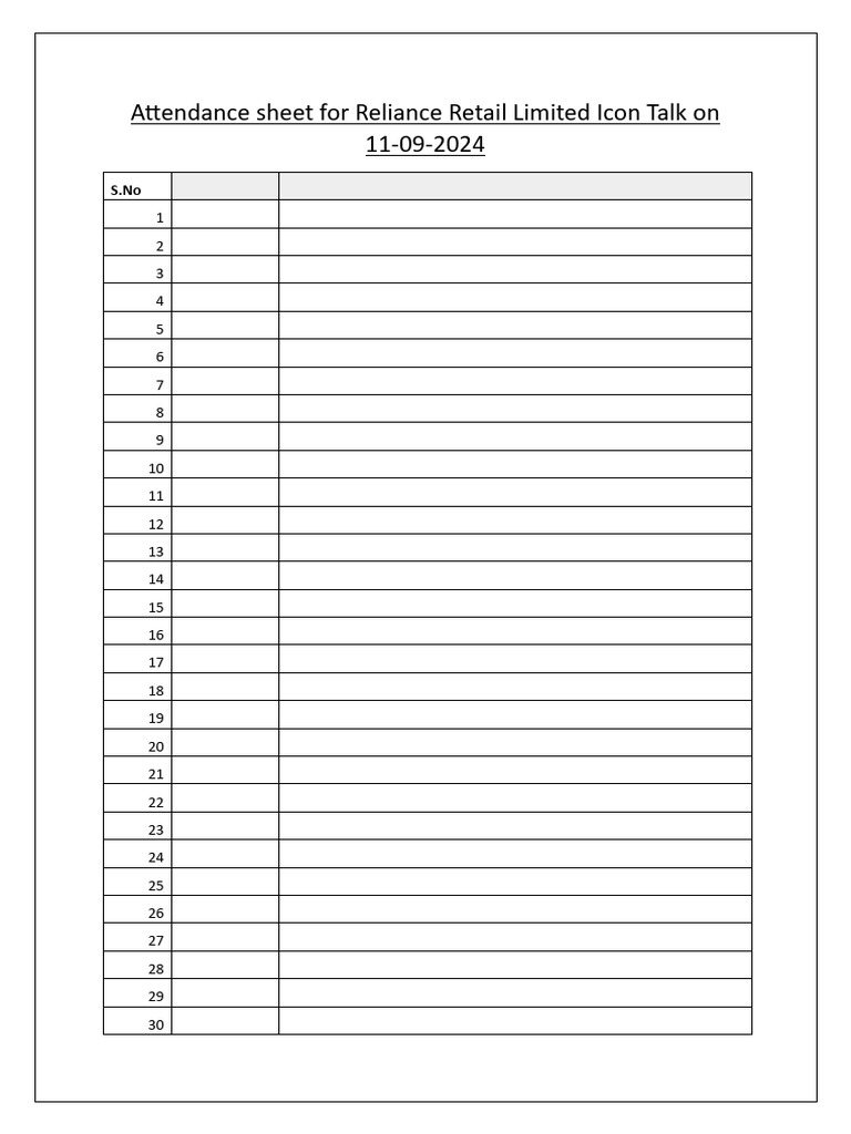Attendance Sheet For Reliance Retail Limited Icon Talk | PDF