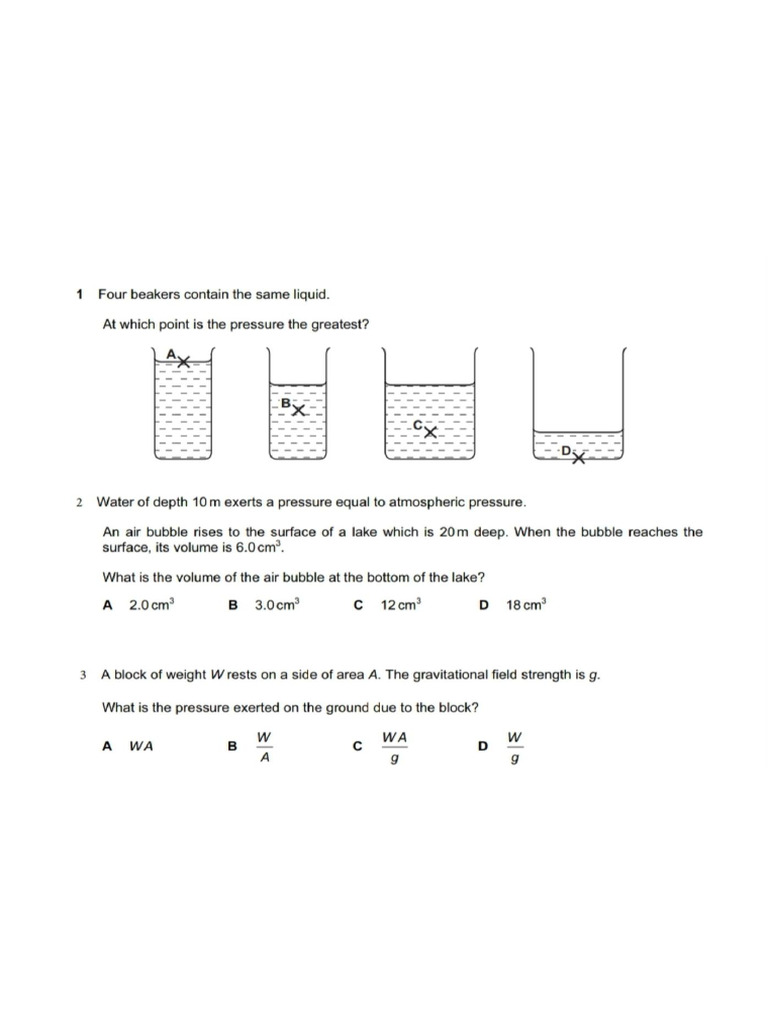 Pressure Exerted by Solids, Liquids & Gases WS | PDF