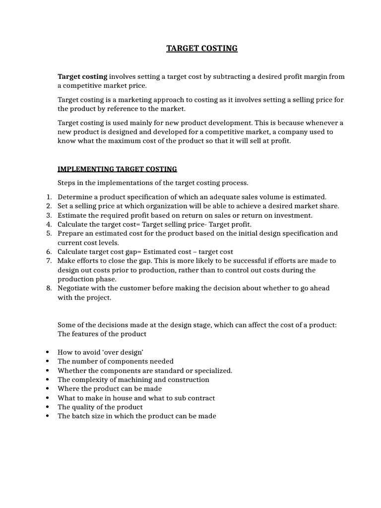 Target Costing | PDF | Profit (Economics) | Product (Business)