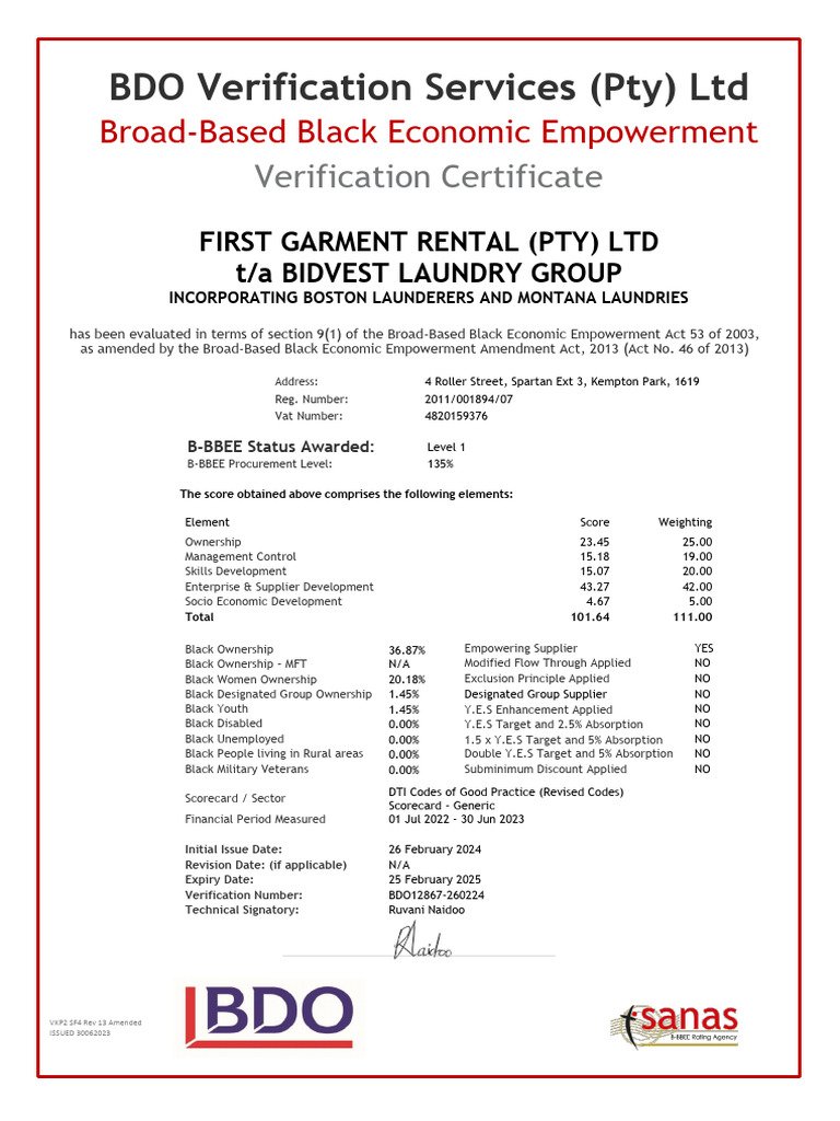 Certificate Bidvest Laundry Group Incorporating Boston Launderers and ...
