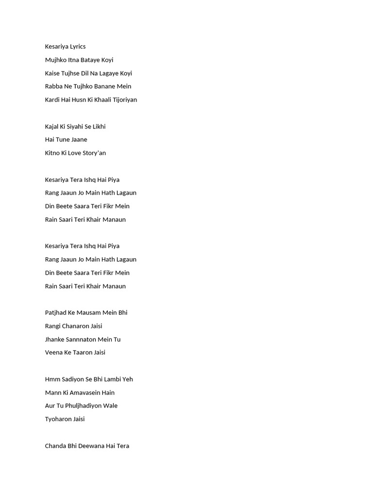 Kesariya Song Lyrics in Hindi | PDF | Art | Poetry