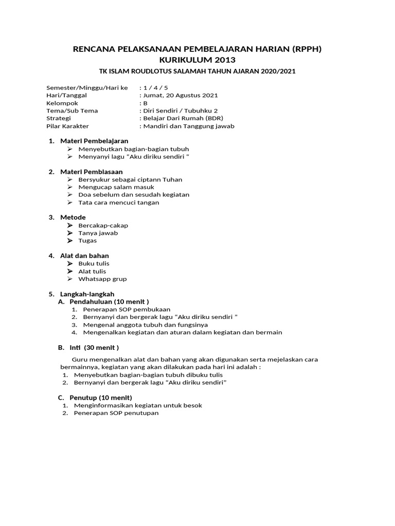 RPPH TK Islam: Tema Tubuhku 2 | PDF | Sains & Matematika