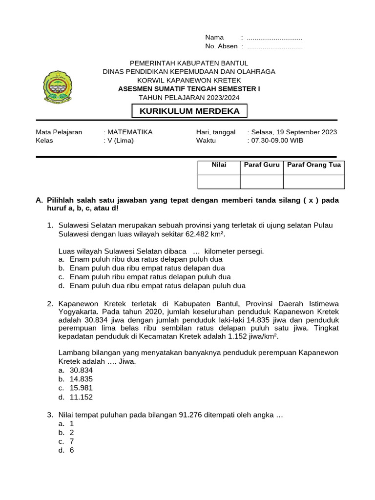 Soal Asts Matematika Kelas V Semester 1 | PDF