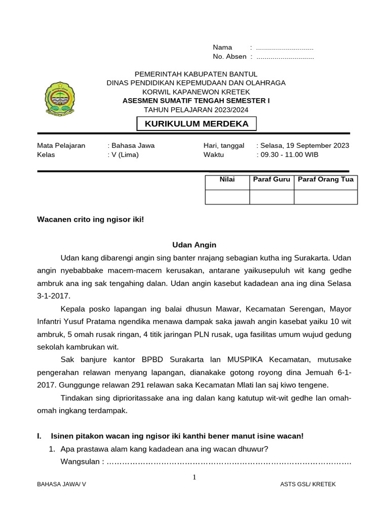Soal Asts Bahasa Jawa Kelas V Semester 1 | PDF