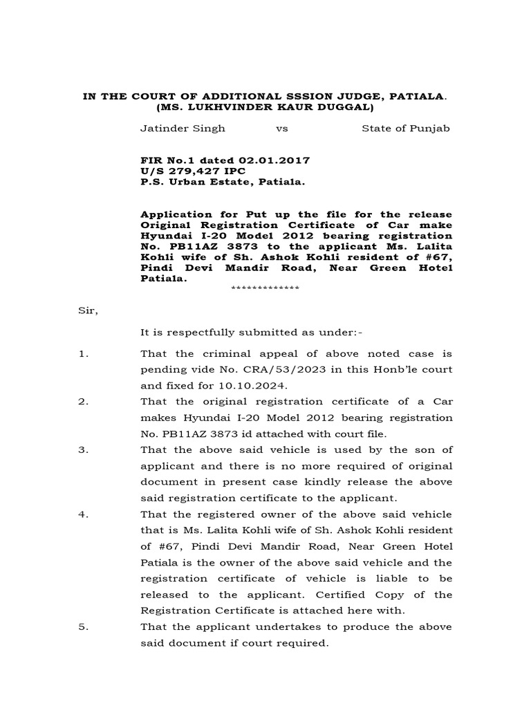 Application for Vehicle RC Release | PDF | Law