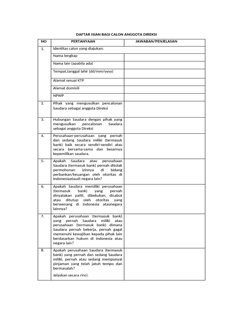 Daftar Isian, CV, Surat Pernyataan Direktur UMUM Dan Kepatuhan | PDF ...