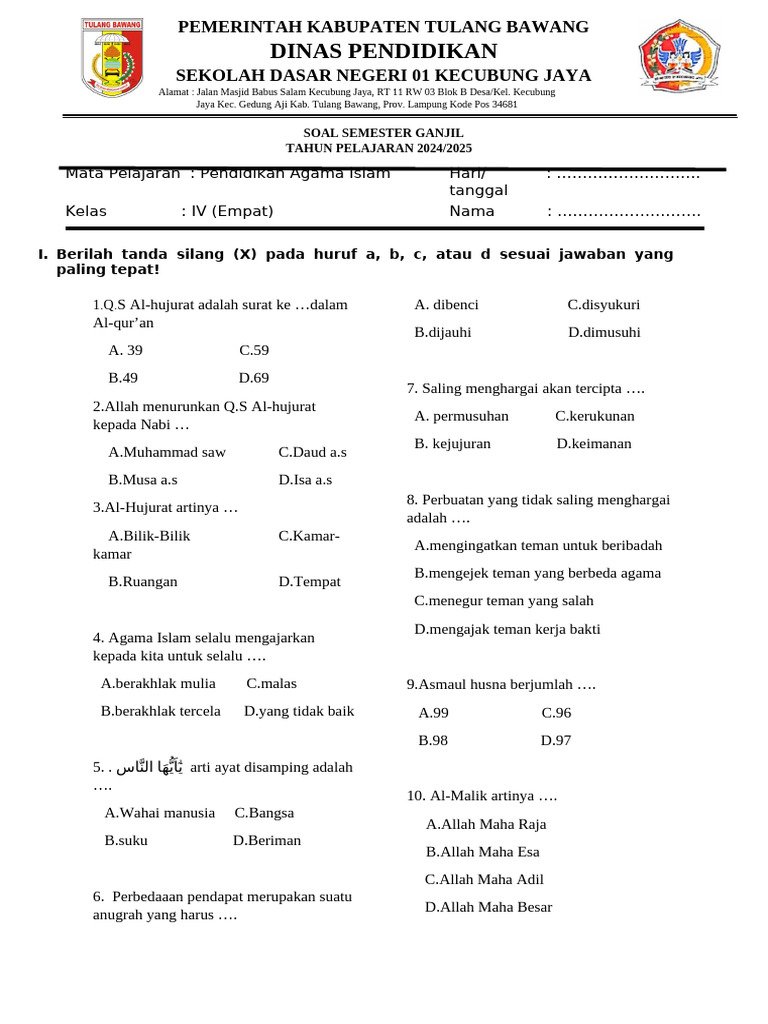 Soal Sumatif PAS PAI Kelas IV Semester 1 | PDF