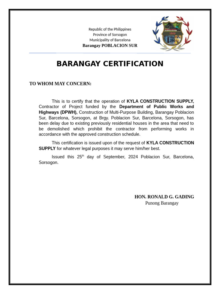 Barangay Certification of Multi Purpose | PDF