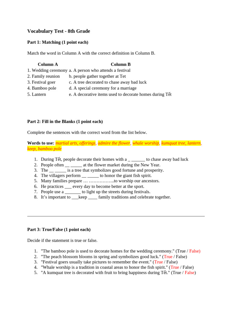 8th Grade Vocabulary Test Guide | PDF | Home & Garden