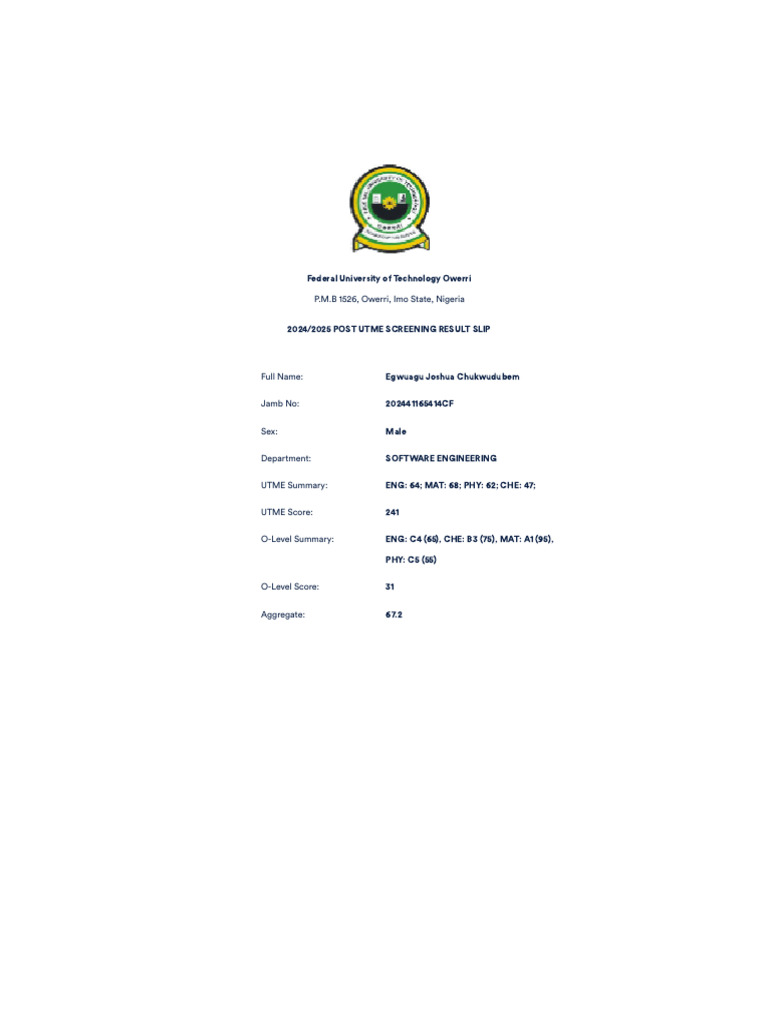 Futo SM Post Utme Result Slip | PDF