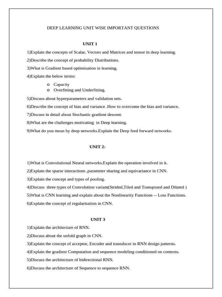 DL Unit Wise Important Questions | PDF