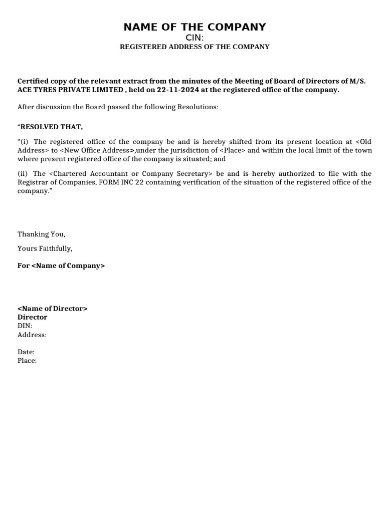 Board Resolution For Change in Regd Office | PDF