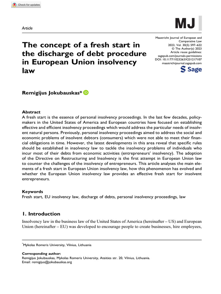 JOKUBAUSKAS. The Concept of A Fresh Start in The Discharge of Debt ...