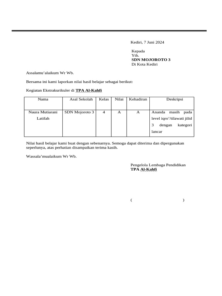 Contoh Format Raport Ekstrakurikuler Di Luar | PDF