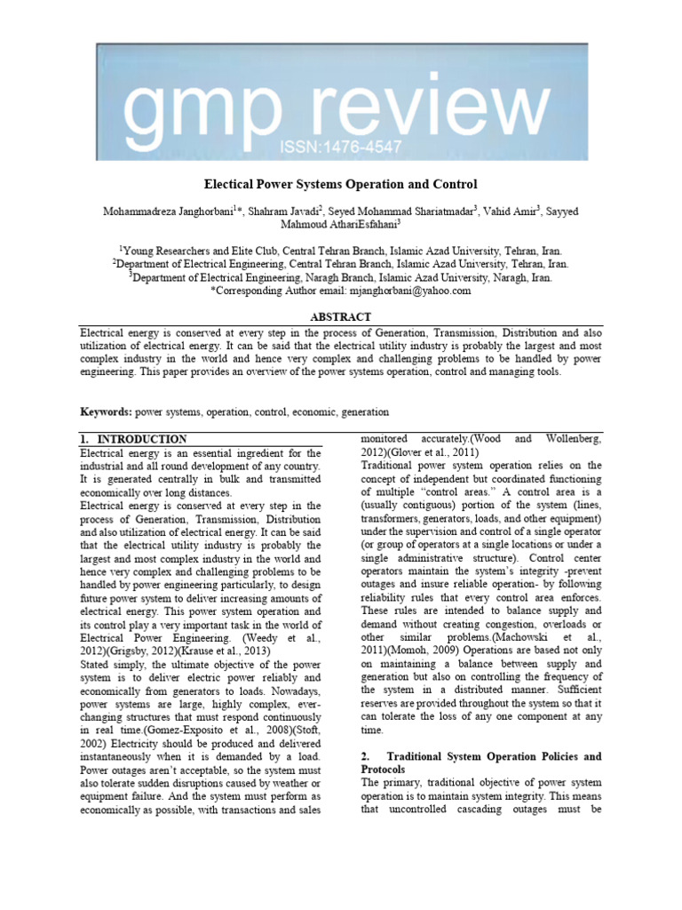 Electical Power Systems Operation and Co | PDF | Mathematical Optimization | Torque
