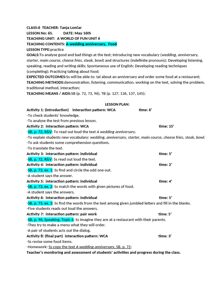Fun Food and Anniversary Lesson Plan | PDF | Reading Comprehension | Pedagogy