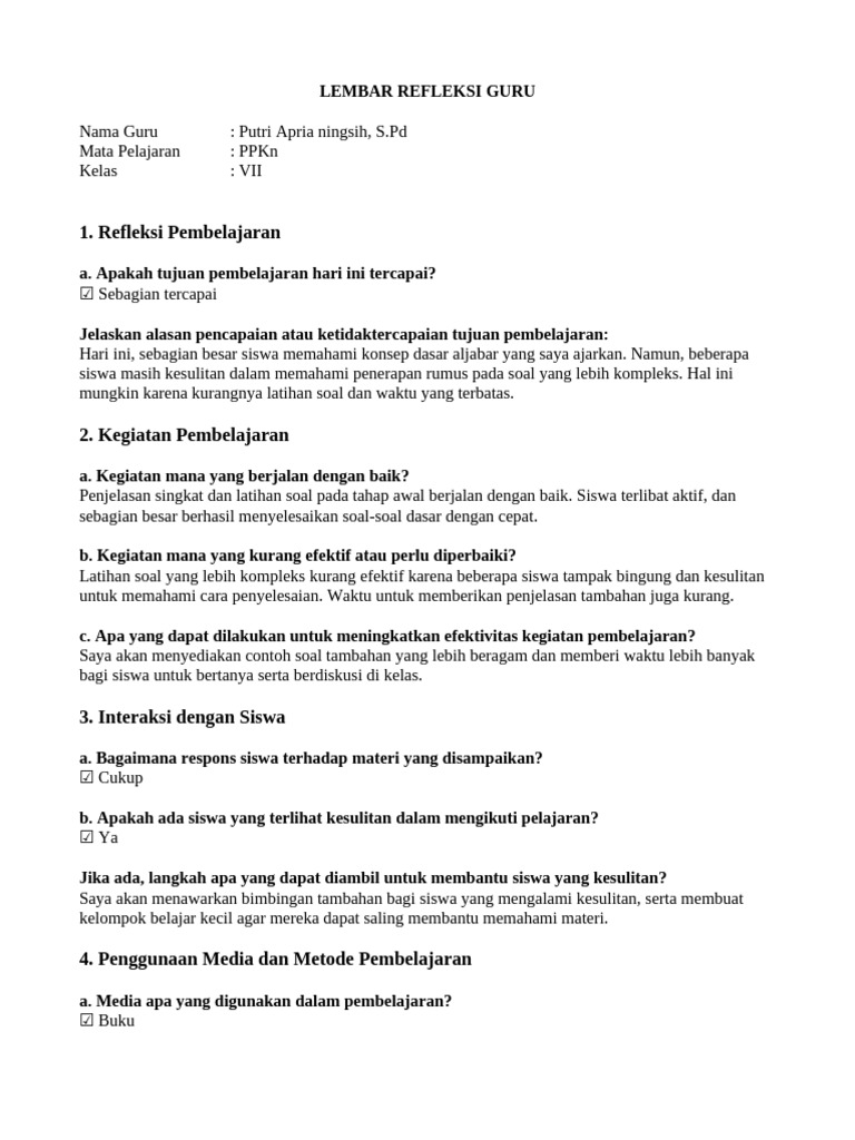 Lembar Refleksi Guru | PDF