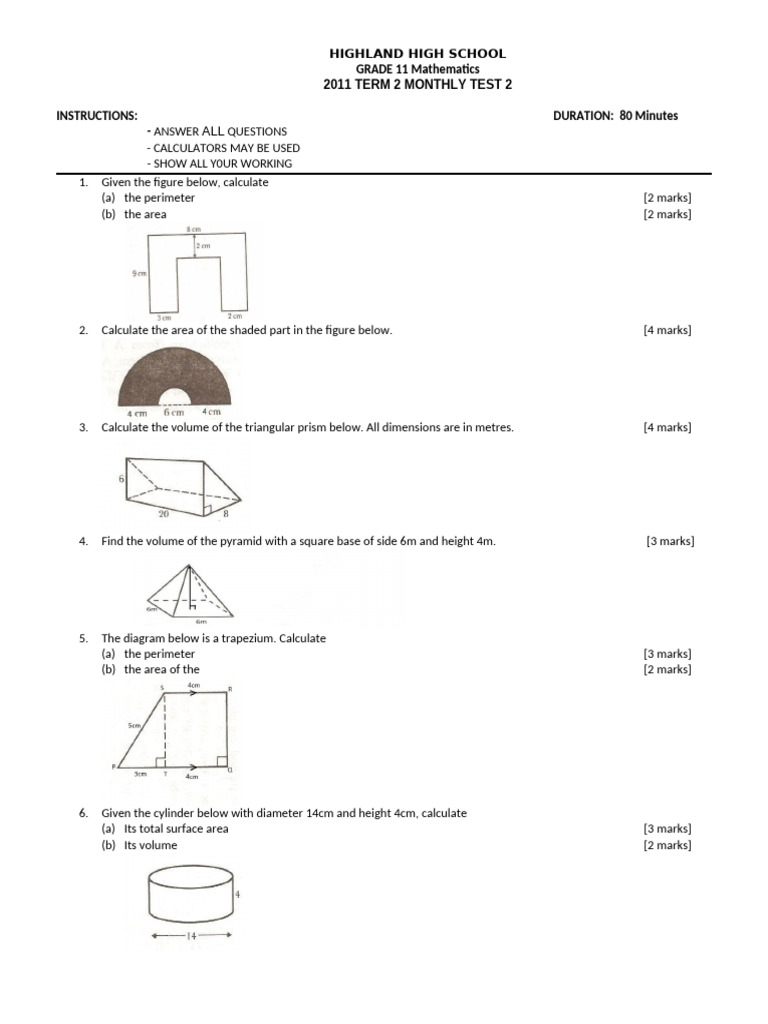 2011 - Grade 11 Term 2 Maths Test 2 | PDF | Teaching Methods & Materials