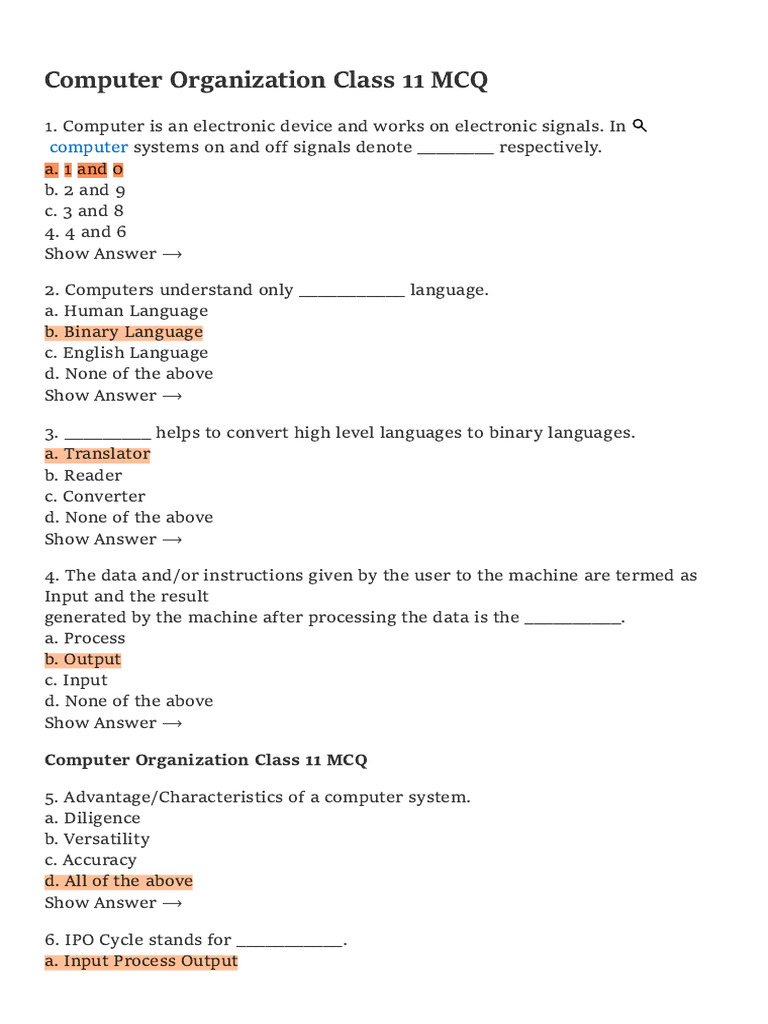 IT 802 Computer Organization Class 11 MCQ | PDF | Computer Data Storage | Random Access Memory