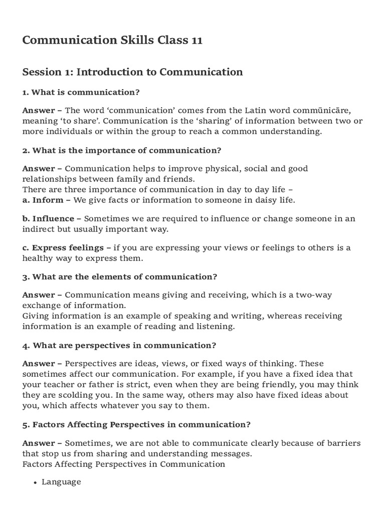 Class 11 Communication Skills Guide | PDF | Part Of Speech | Communication