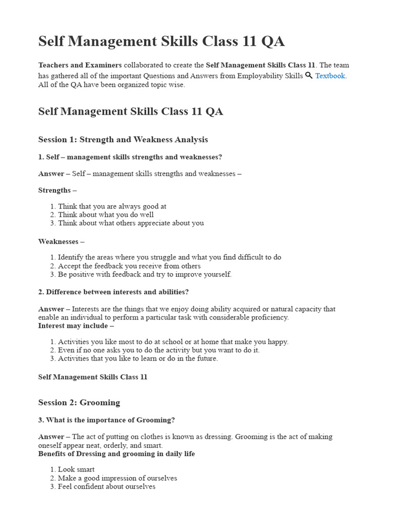 Class 11 Self Management Skills QA | PDF | Goal | Professional Skills