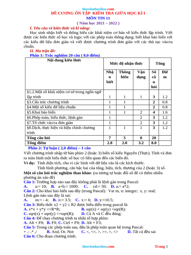 De Cuong On Tap Tin 11 Giua HK1 | PDF
