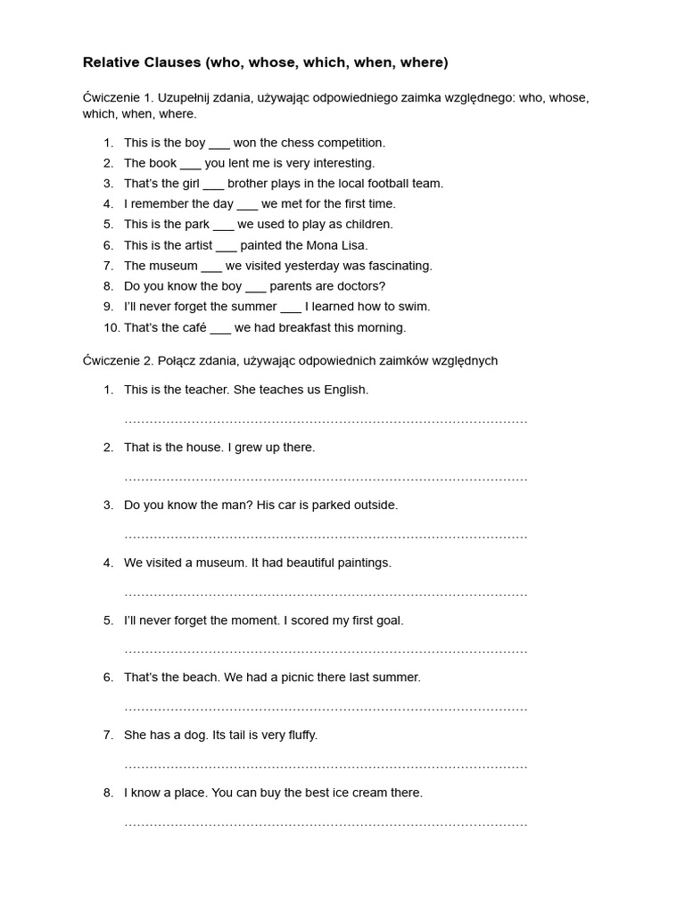 Relative Clauses (Who, Whose, Which, When, Where) | PDF