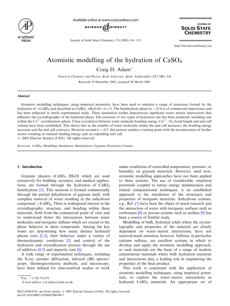 Adam - 2003 - Atomistic Modelling of The Hydration of CaSO4 | PDF ...