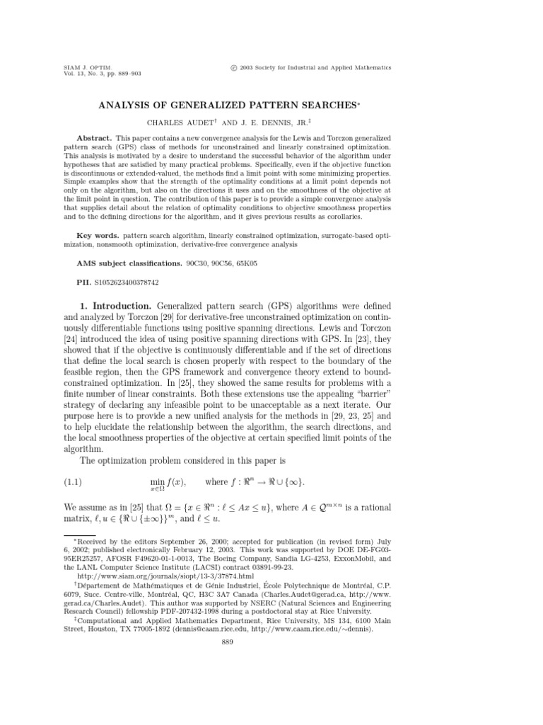 Audet and Dennis - 2002 - Analysis of Generalized Pattern Searches | PDF | Mathematical ...