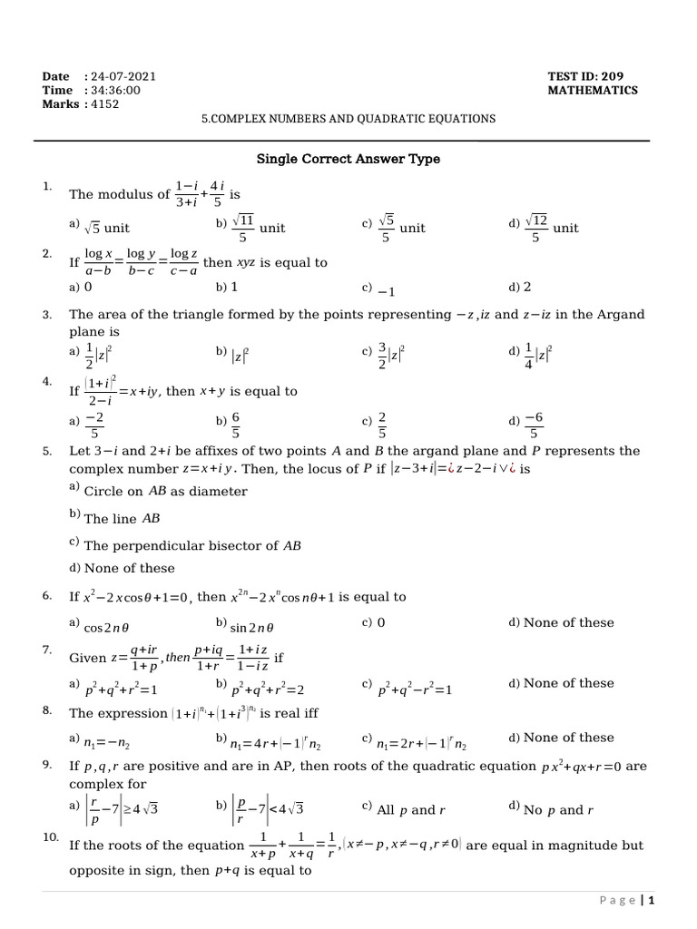 Complex Numbers and Quadratic Equations | PDF | Triangle | Complex Number