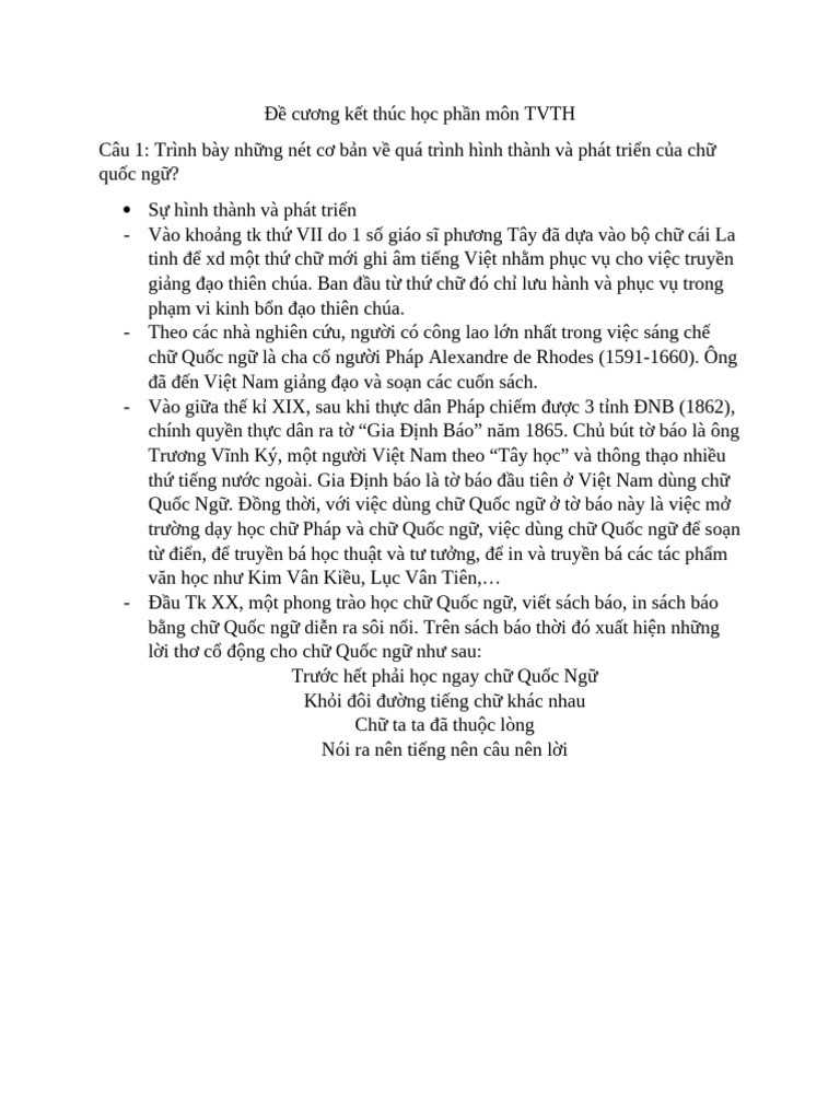 Đề cương kết thúc học phần môn TVTH | PDF