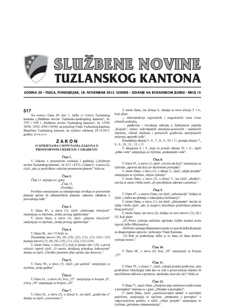 Zakon o Prostornom Uređenju I Građenju-Sl - Novine TK 15-2013 | PDF