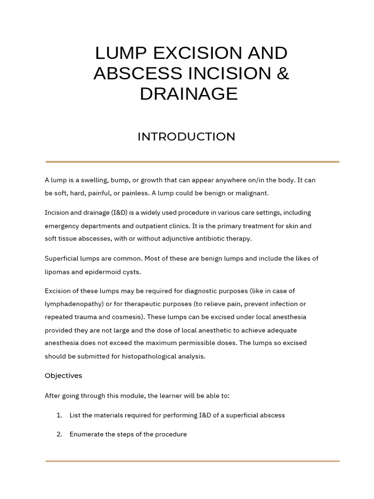 Lump Excision and Abscess Drainage Guide | PDF | Surgery | Anesthesia